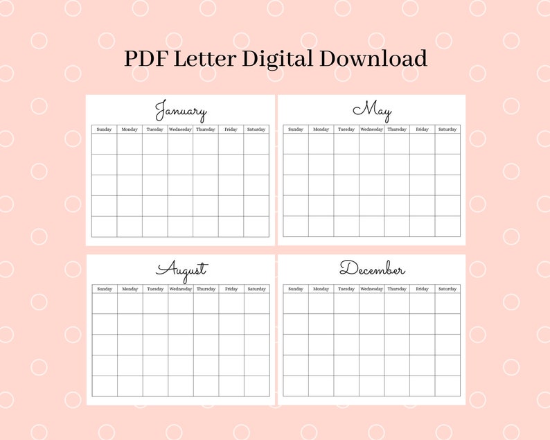 Printable Monthly Calendar, Digital Calendar, Blank Calendar PDF ...