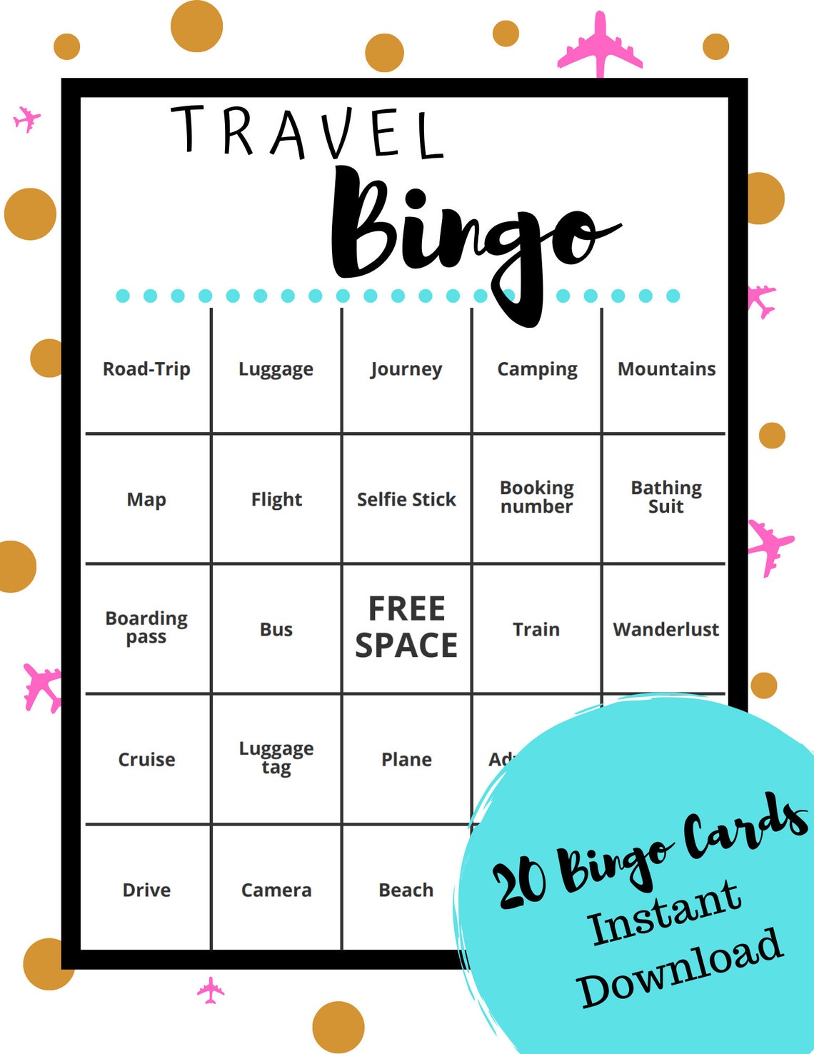 Travel Bingo Printable Game, Party Bingo Game Cards, 20 Bingo Cards ...