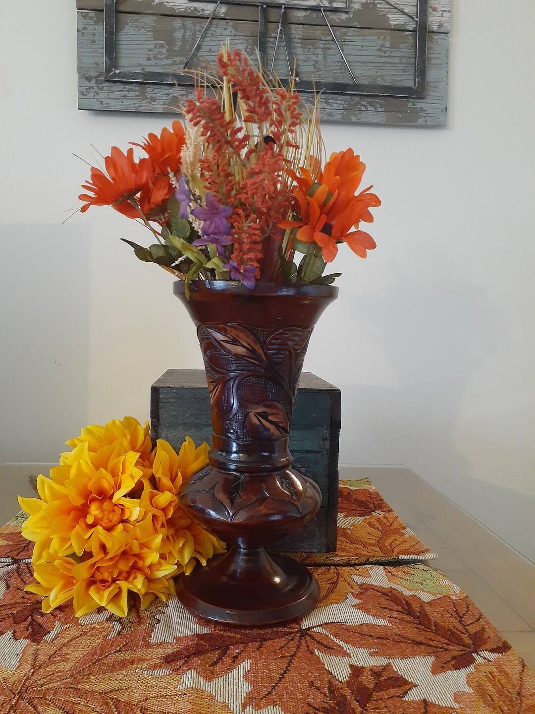 SPECIAL SALE Vintage Mahogany Leaf Cut Design Vase 1980's - Etsy