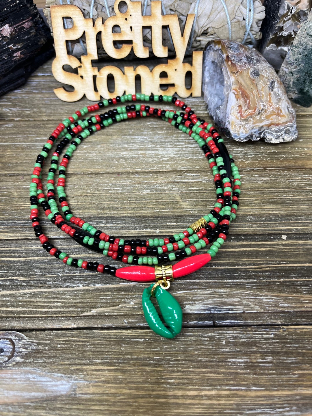 Red, Green & Black Waist Bead + Cowrie Shell Charm -removable Waist ...