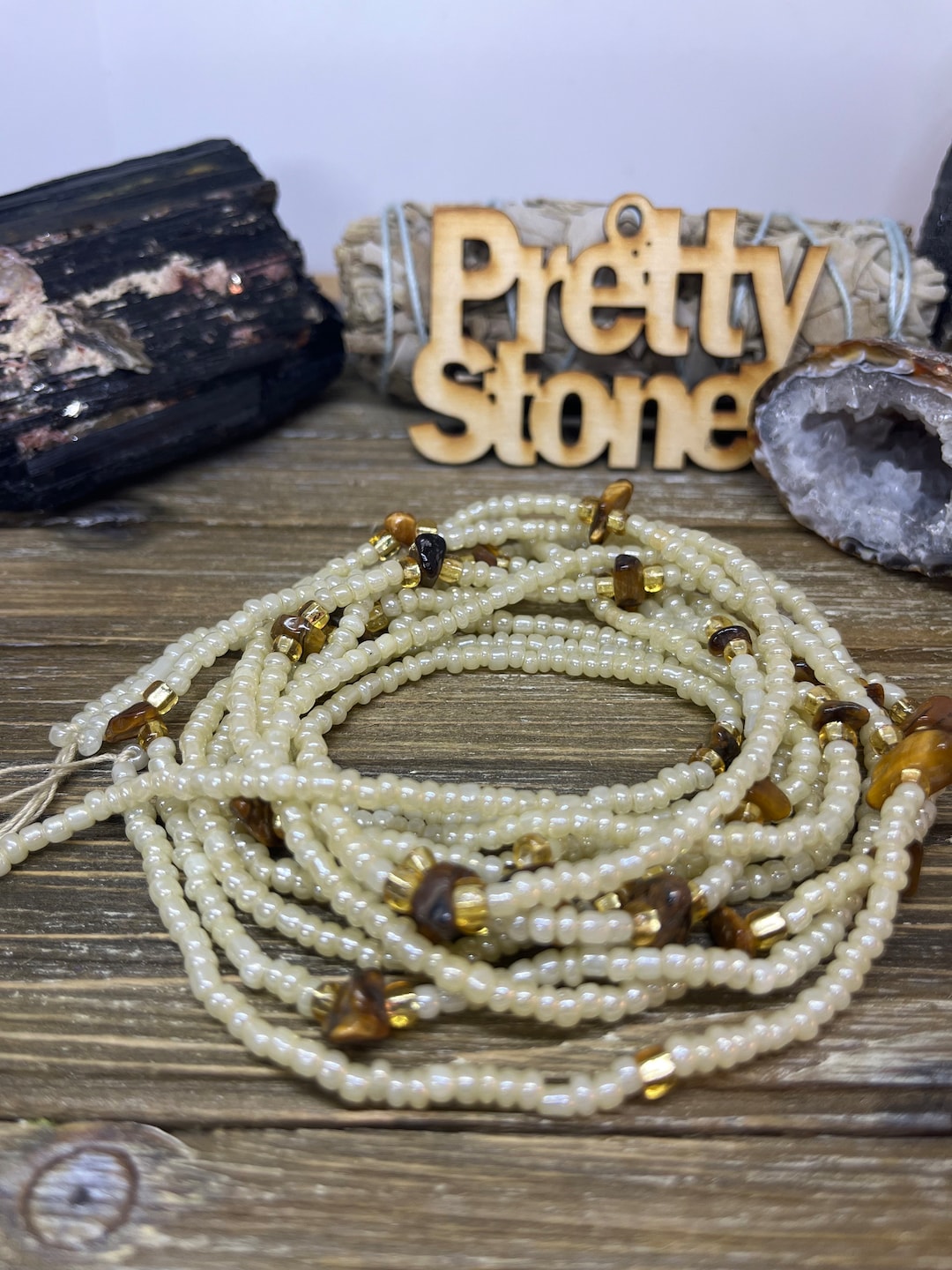 Cream and Gold Waist Bead With Tigers Eye - Tie On- or Removable Waist ...