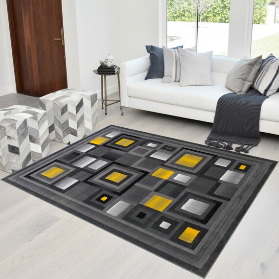 Rugs 8x10 Yellow/black/gray Abstract Geometric Modern Squares - Etsy