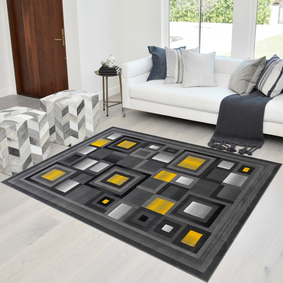 Rugs 8x10 Yellow/black/gray Abstract Geometric Modern Squares Pattern ...