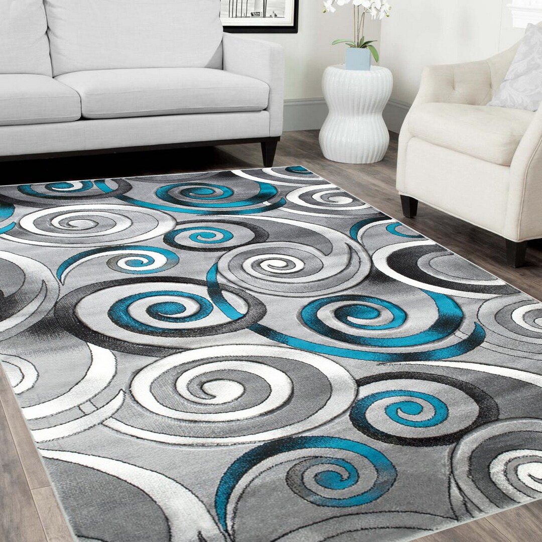 Spiral/swirls Modern Contemporary Hand Carved Area Rug-silver/turquoise ...