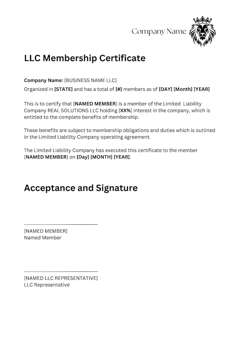 LLC Membership Certificate - Horizontal - Etsy