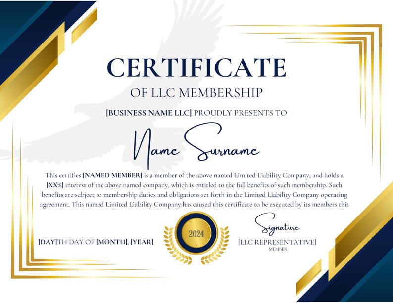 LLC Membership Certificate - Horizontal - Etsy
