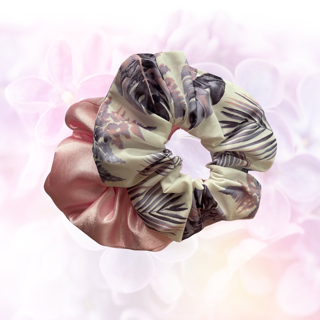Double Pack Scrunchies-lilac Leaf Print & Pink Satin Scrunchies-90s ...