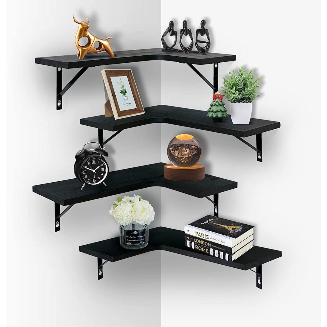 Corner Wood Floating Shelf, Decorative Floating Wooden Shelving Unit ...