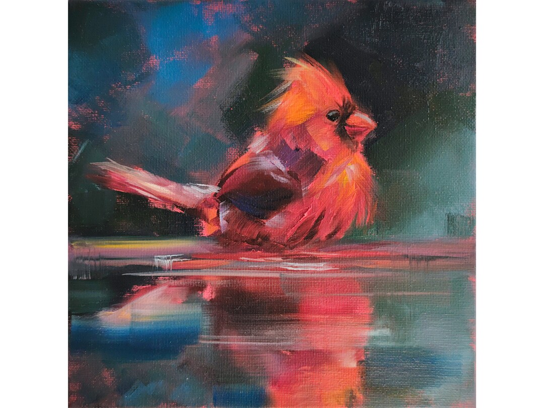 Red Cardinal Painting, Original Bird Wall Art on Canvas Panel 8 by 8 by ...