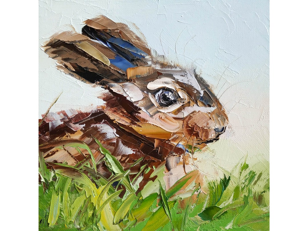 Rabbit Painting, Original Bunny Wall Art on Small Canvas Panel 8 by 8 ...