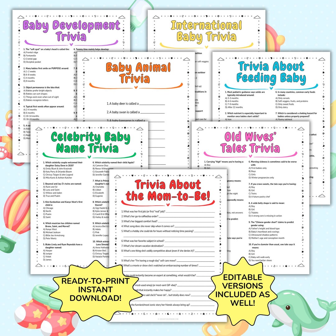Baby Shower Trivia Games: Printable Sheets and Editable Templates ...