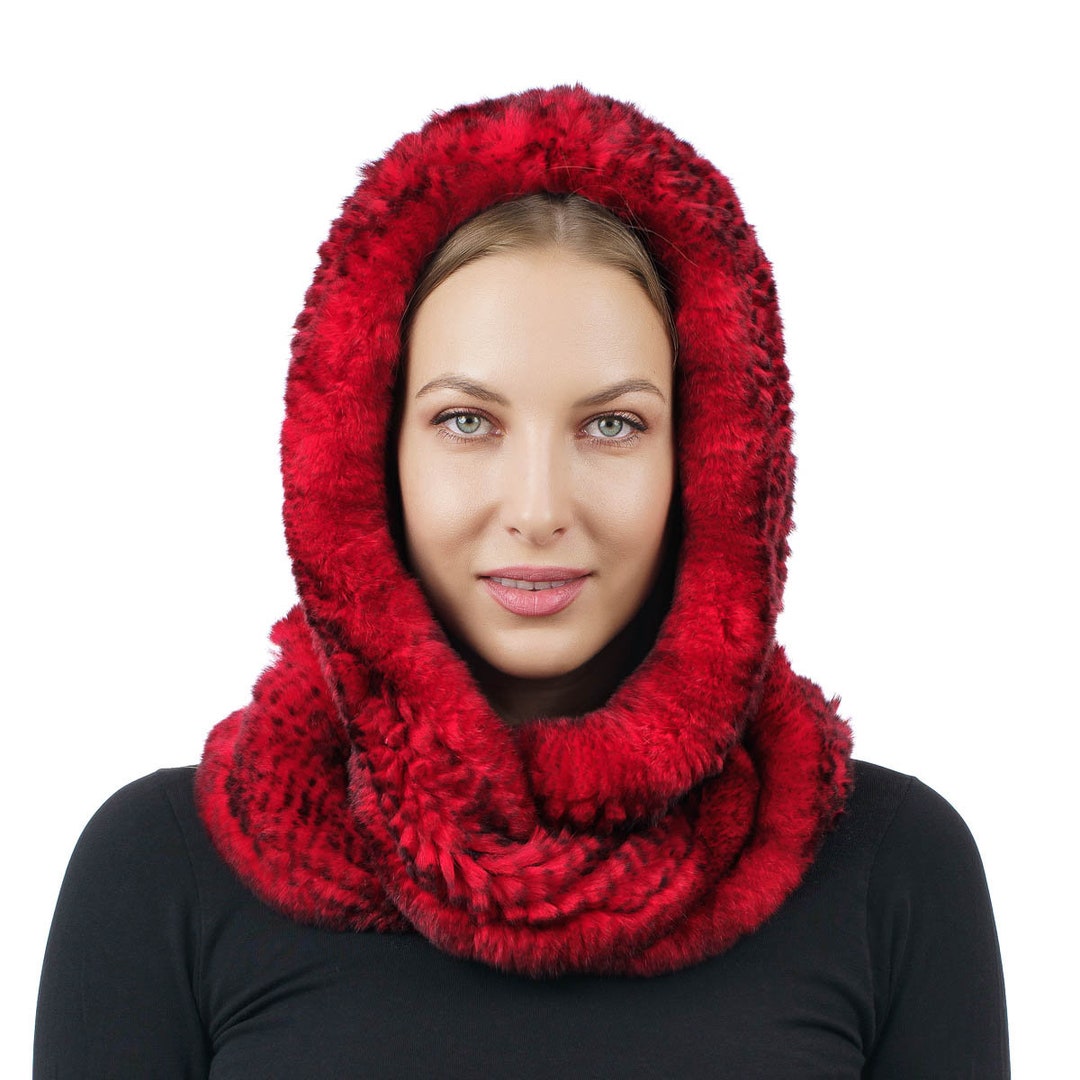 REAL Rex Rabbit Knitted Fur Red Color Winter Hood-scarf | Natural Soft ...