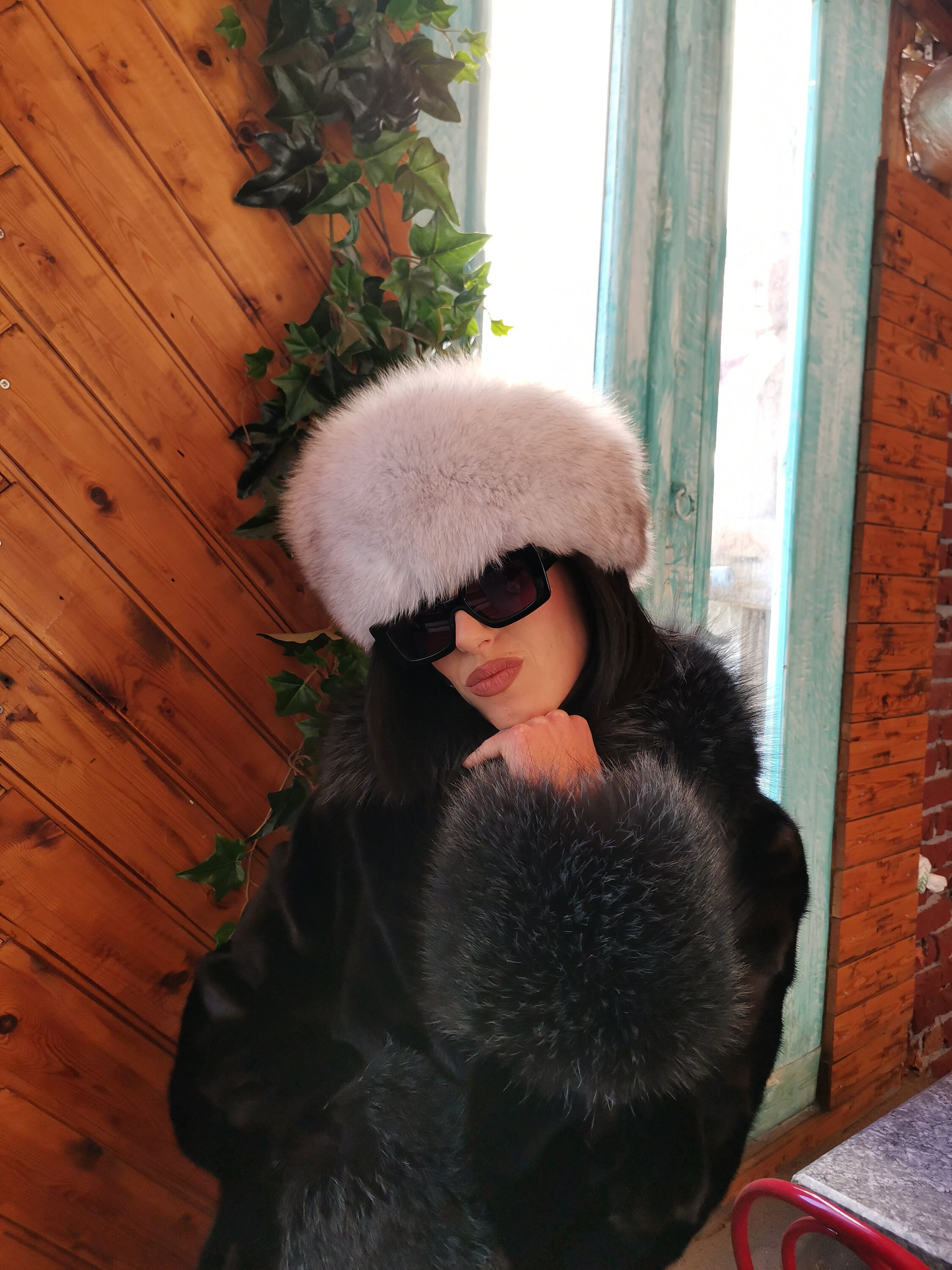 Natural Blue Fox Fur Hat With Leather Top Women Real Fox Fur Mongolian ...
