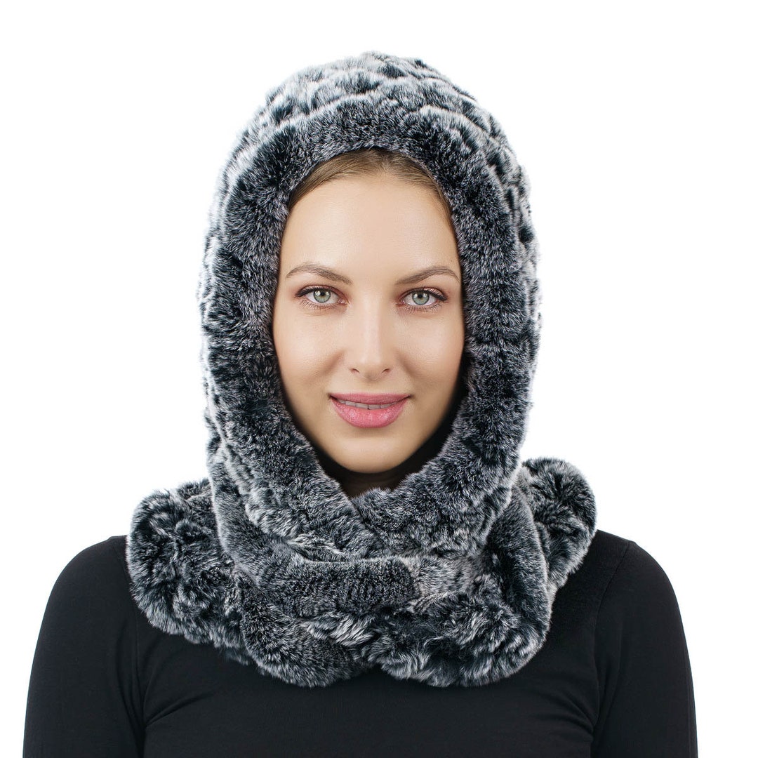 REAL Rex Rabbit Knitted Fur Silver Color Winter Hood-scarf | Natural ...