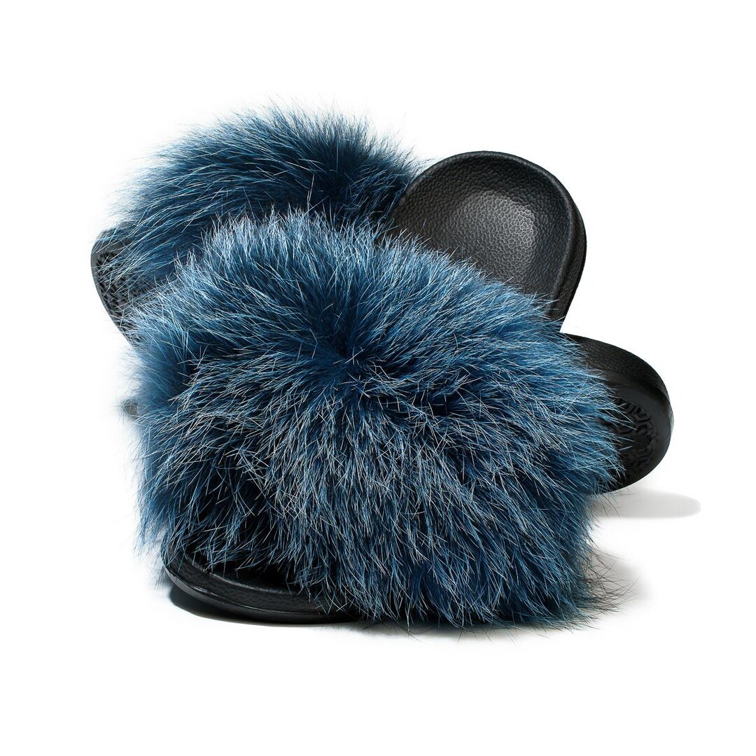 Blue Jean Fox Fur Slides | Luxurious Summer Slippers - Etsy