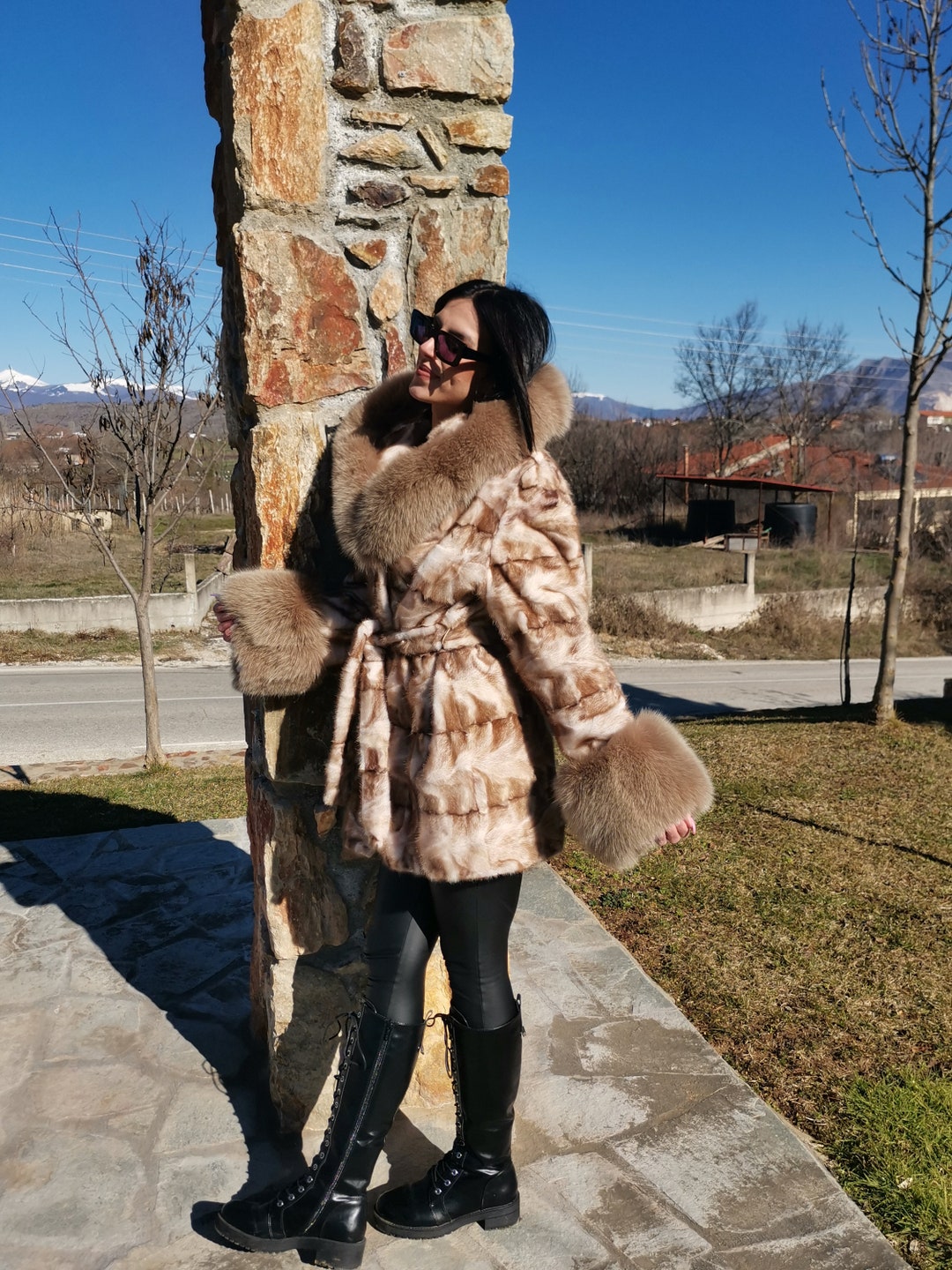 Real Mink Light Brown Fur Coat With Fox Hood & Cuffins | Luxury Handamade Fur Coat | Gift for ...