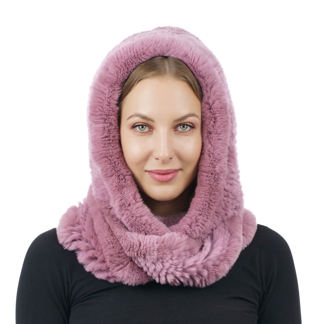 Handmade Knitted Rex Rabbit Fur Hood Scarf | Pink Winter Neck Warmer - Etsy