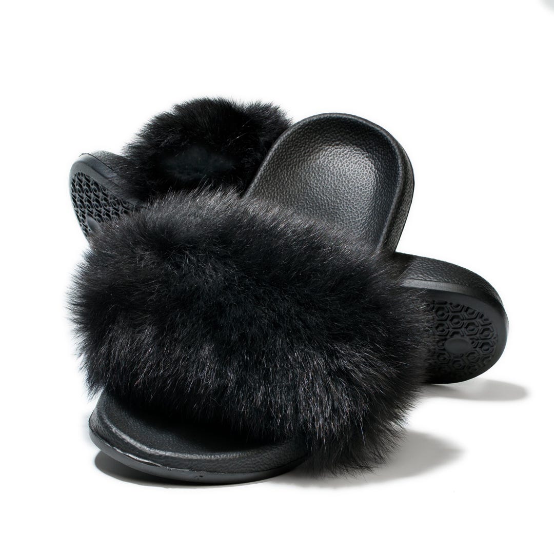 Summer Fox Fur Slides | Luxurious Real Black Fox Fur Slippers ...