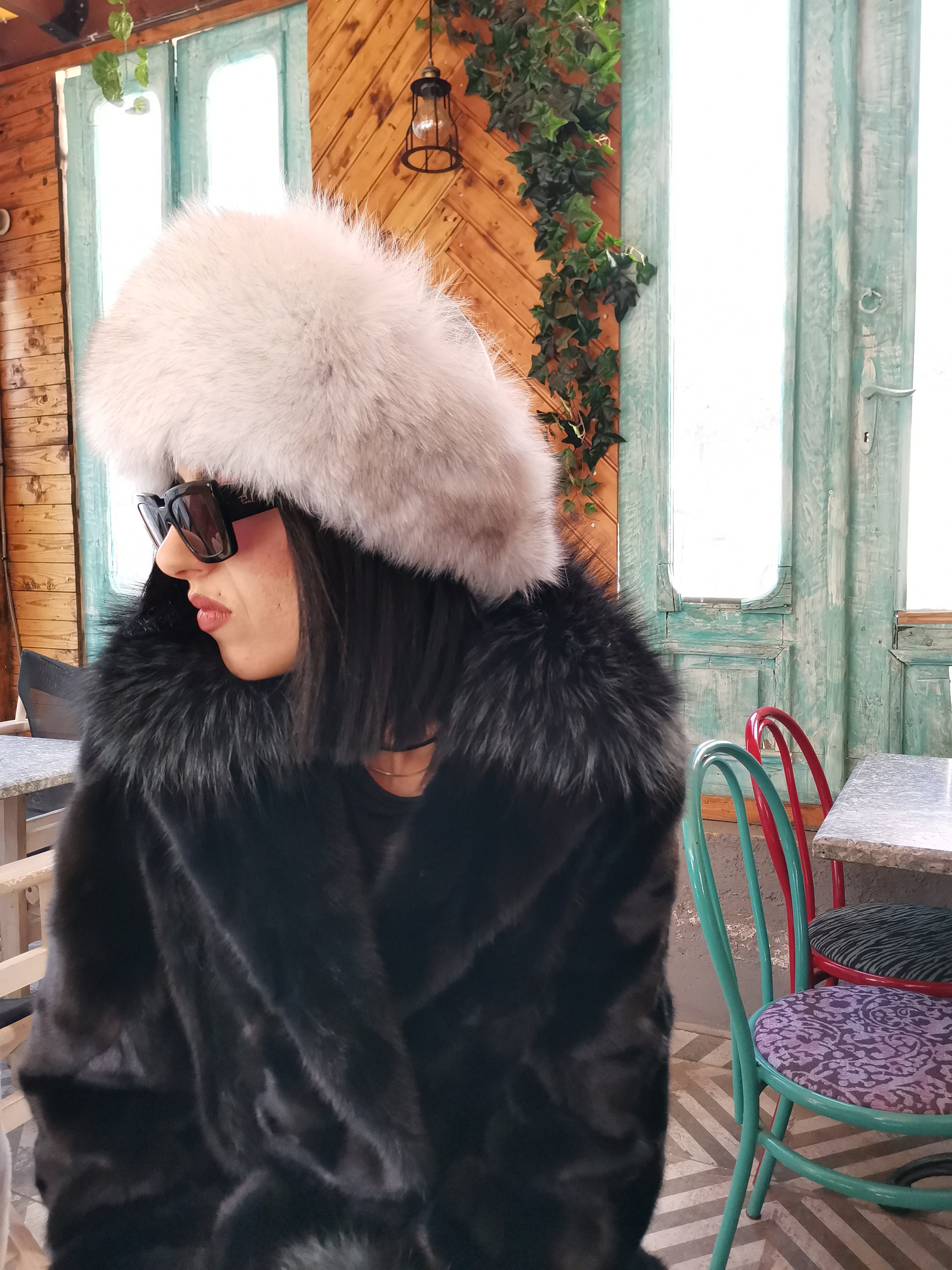 Natural Blue Fox Fur Hat With Leather Top Women Real Fox Fur Mongolian ...