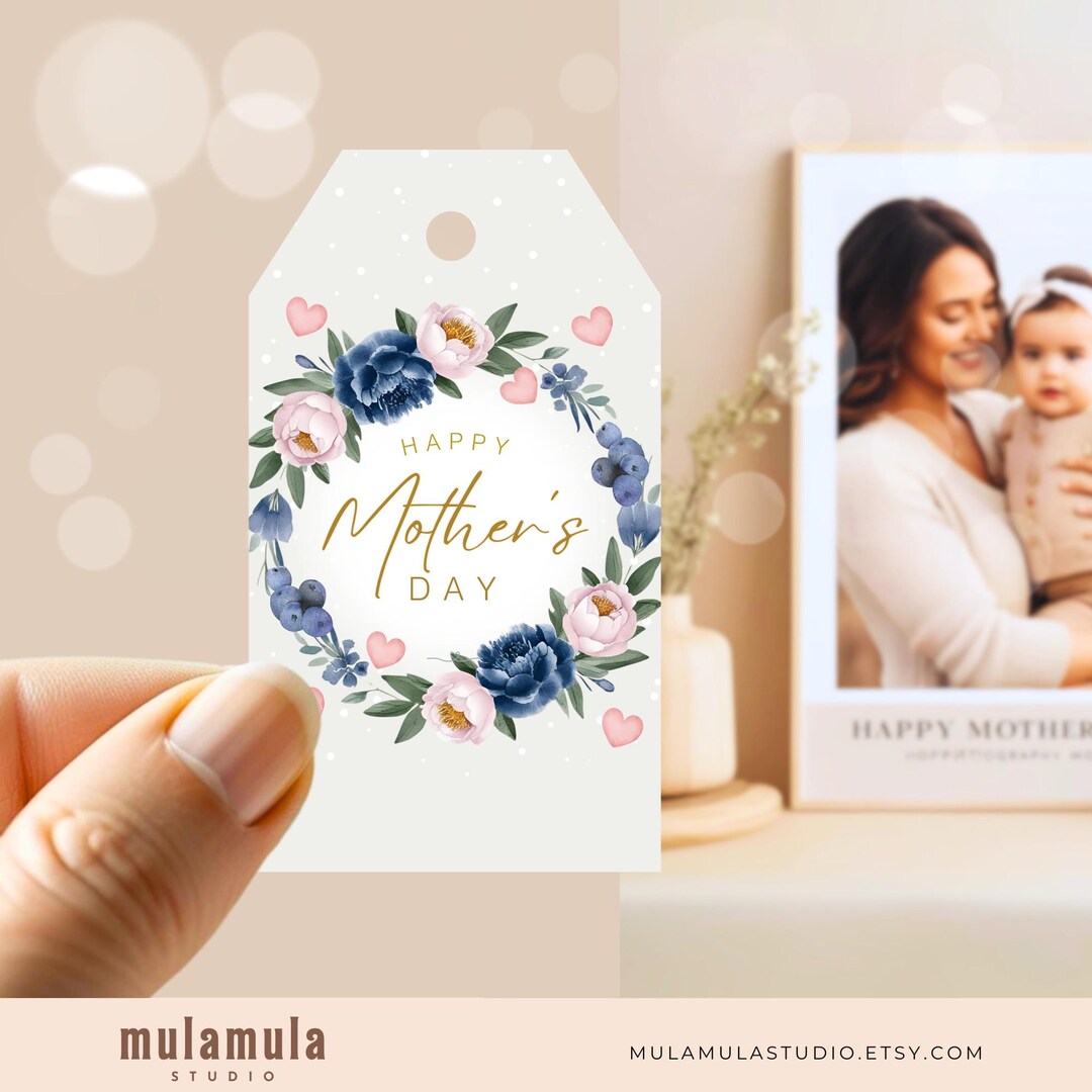 Happy Mother's Day Gift Tag Printable, Dusty Blue Floral Cookie Favor ...