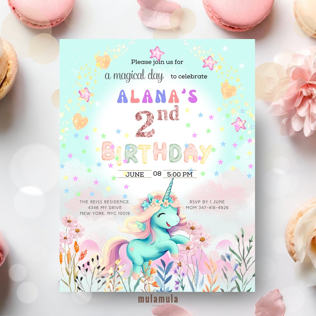 Unicorn Birthday Invitation, Wild Flowers 2nd Birthday Unicorn Party ...