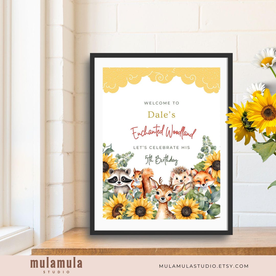 Woodland Birthday Welcome Sign, Sunflower Floral Baby Shower, Enchanted ...