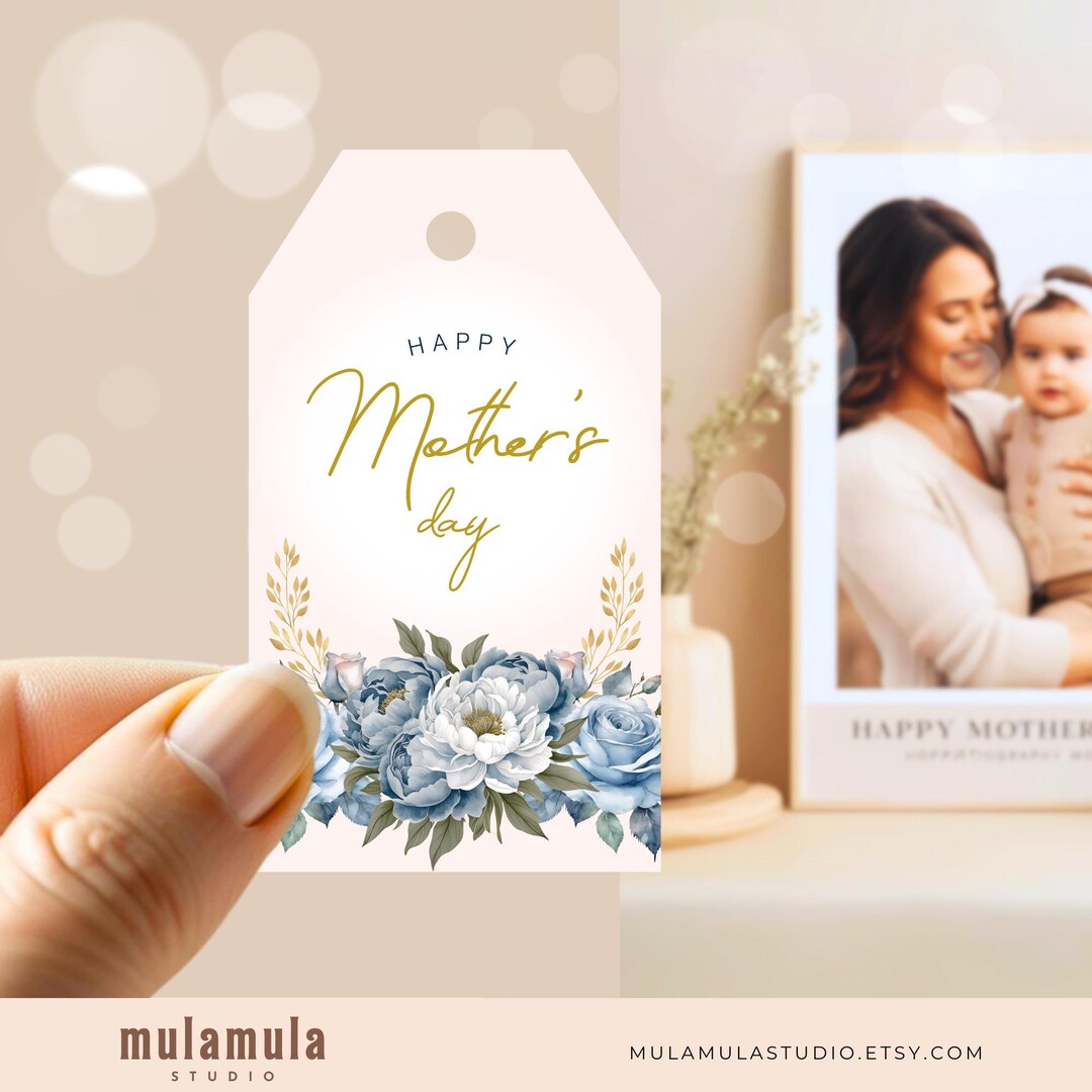 Happy Mother's Day Gift Tag Printable, Dusty Blue Floral Peony Cookie ...