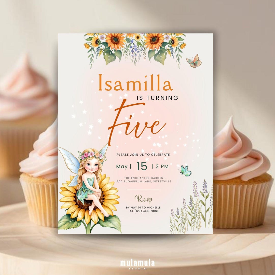 Fairy 5th Birthday Invitation, Boho Sunflower Floral Invite for Girls ...