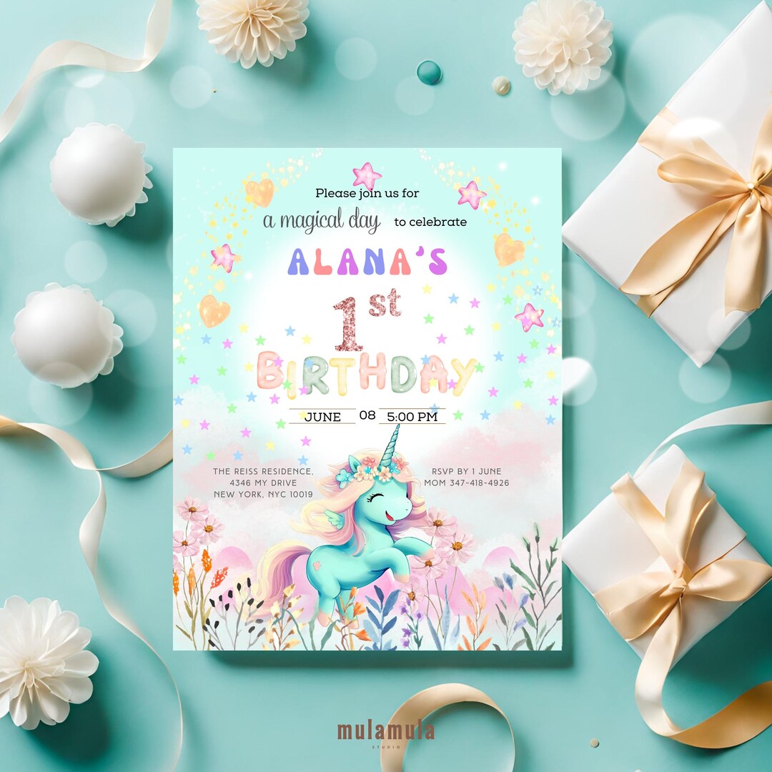 Unicorn Birthday Invitation, Wild Flowers 1st Birthday Unicorn Party ...
