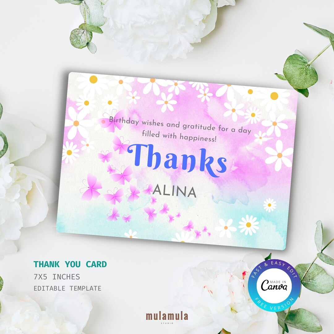 Thank You Note Kids, Daisy Butterfly Personalized Thank You Card, Blue ...