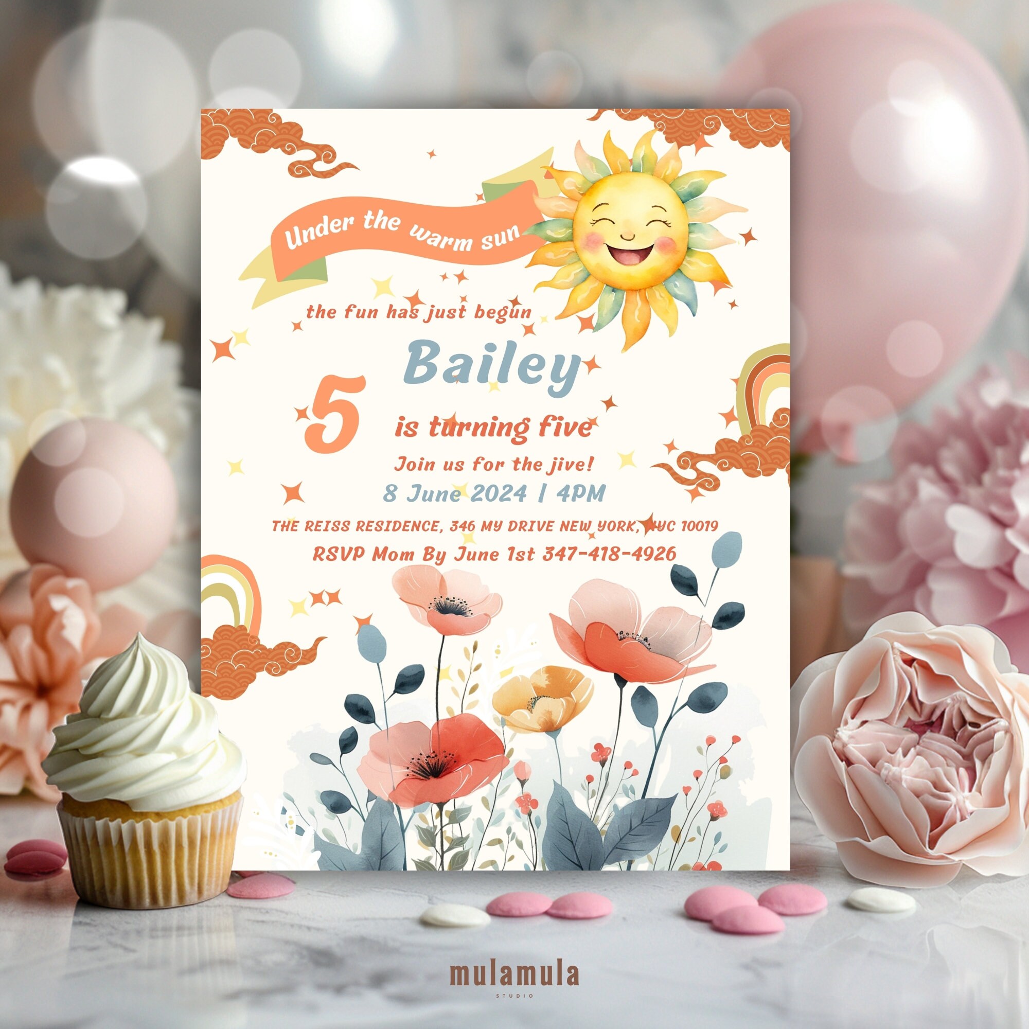 Editable Smiling Sun 5th Birthday Invitation Red Poppies Floral ...