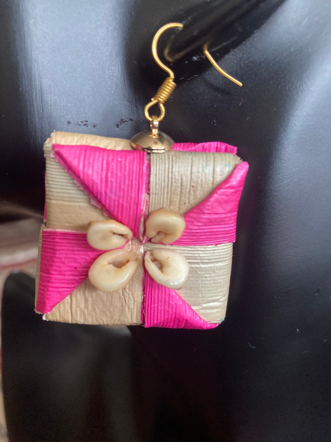 Tolai Tabu Shell Money and Pandan Palm Leave Large Drop Earrings. Papua ...