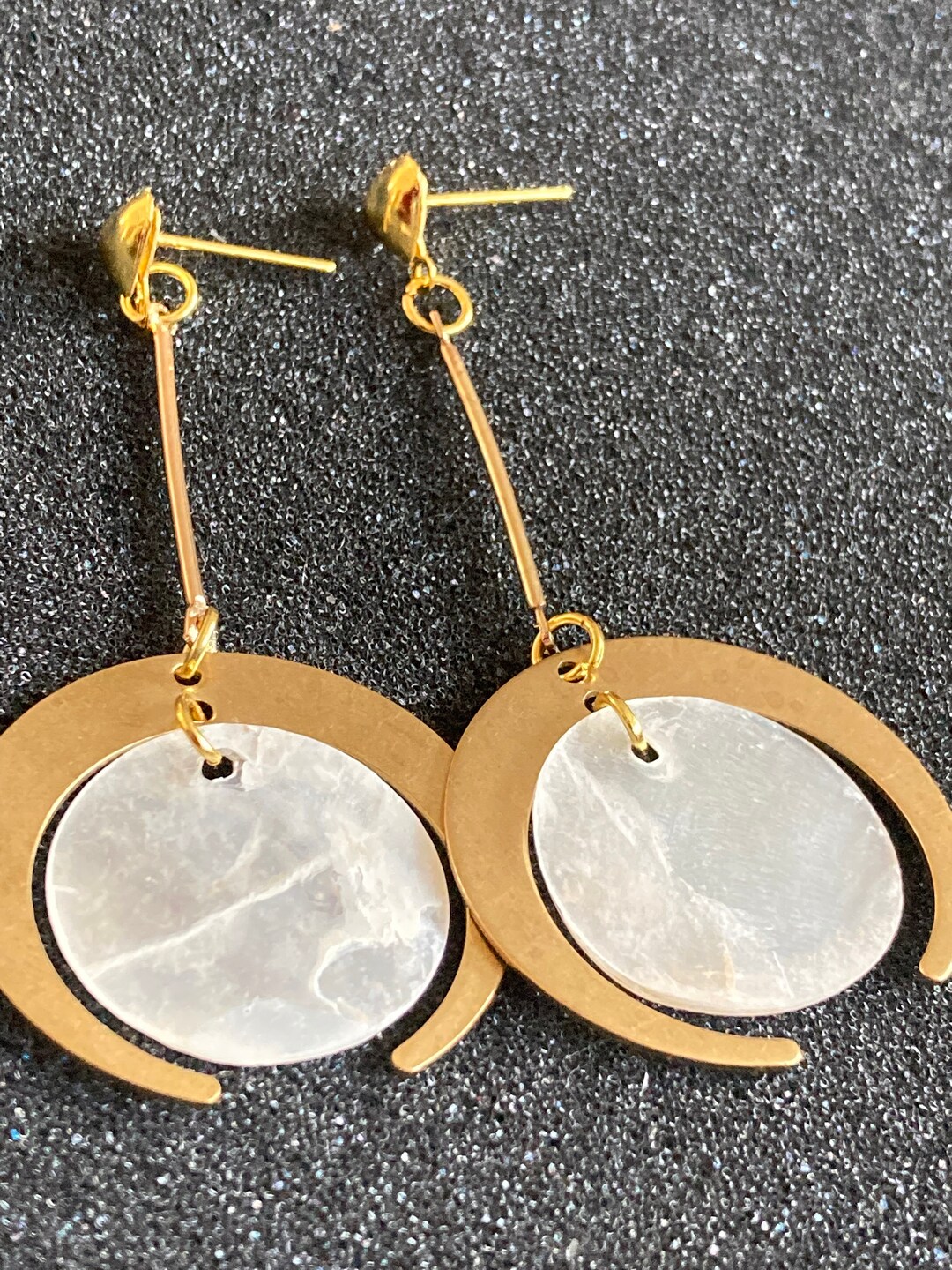 Philippine Capiz Shell Dangle Drop Brass Gold Heart Earrings. Crescent ...