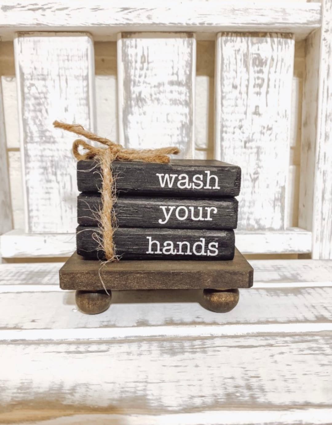 Wash Your Hands Farmhouse Bathroom Wooden Mini Book Stack Home Tiered ...