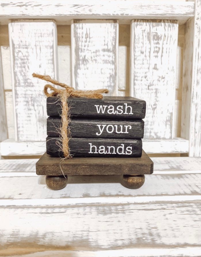 Wash Your Hands Farmhouse Bathroom Wooden Mini Book Stack Home Tiered ...