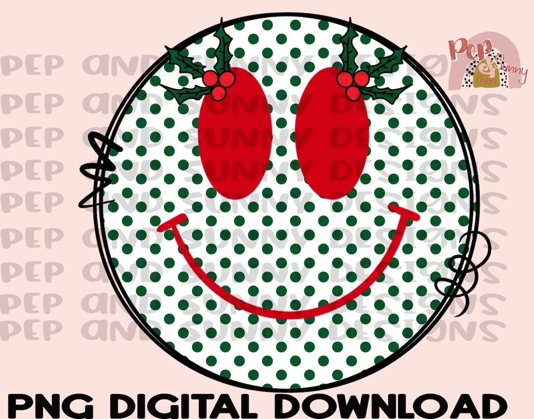 Smiley Face Christmas Polka Dots Holly PNG Digital Download Sublimation ...