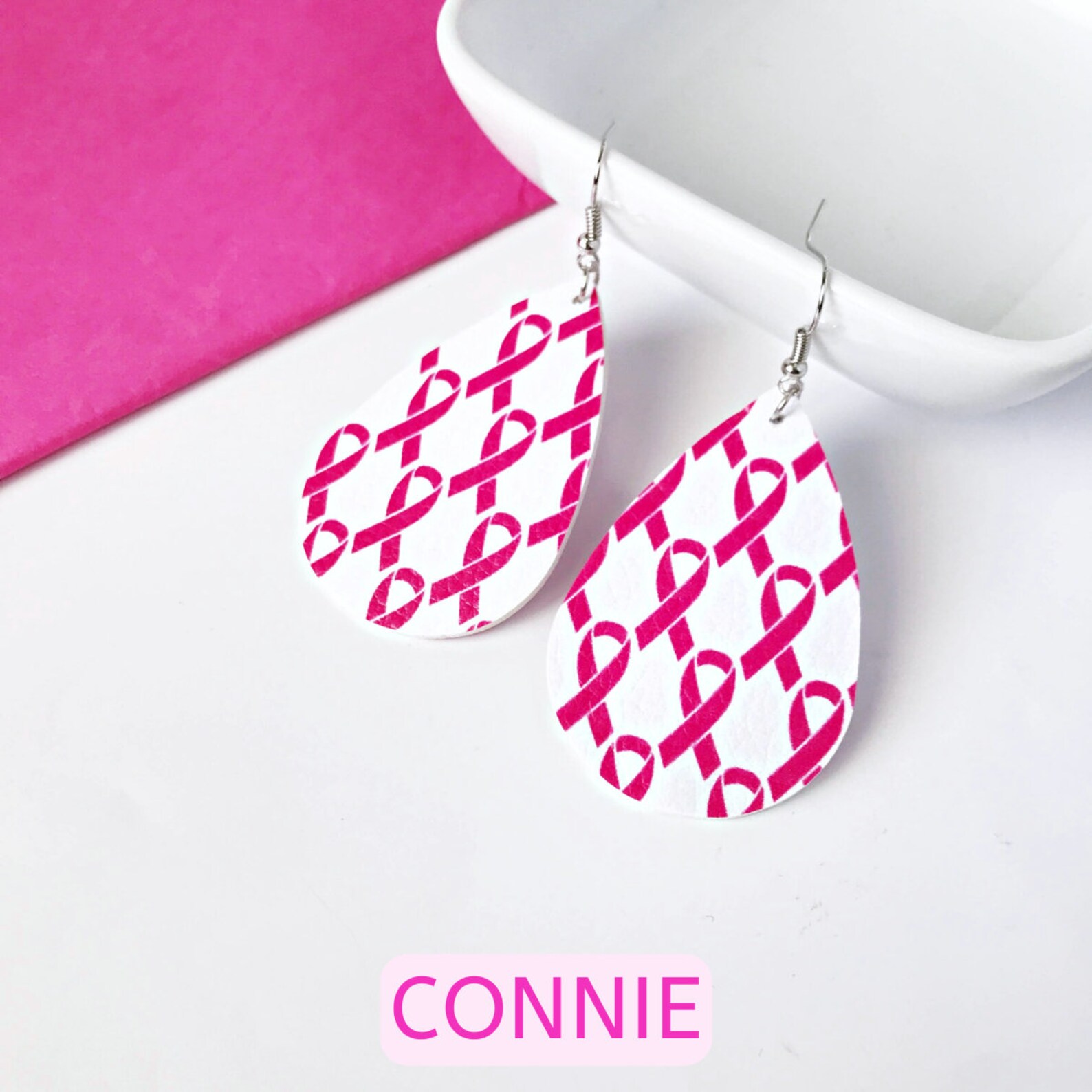 Pink Breast Cancer Ribbon Awareness Support Faux Leather Vegan Earrings ...