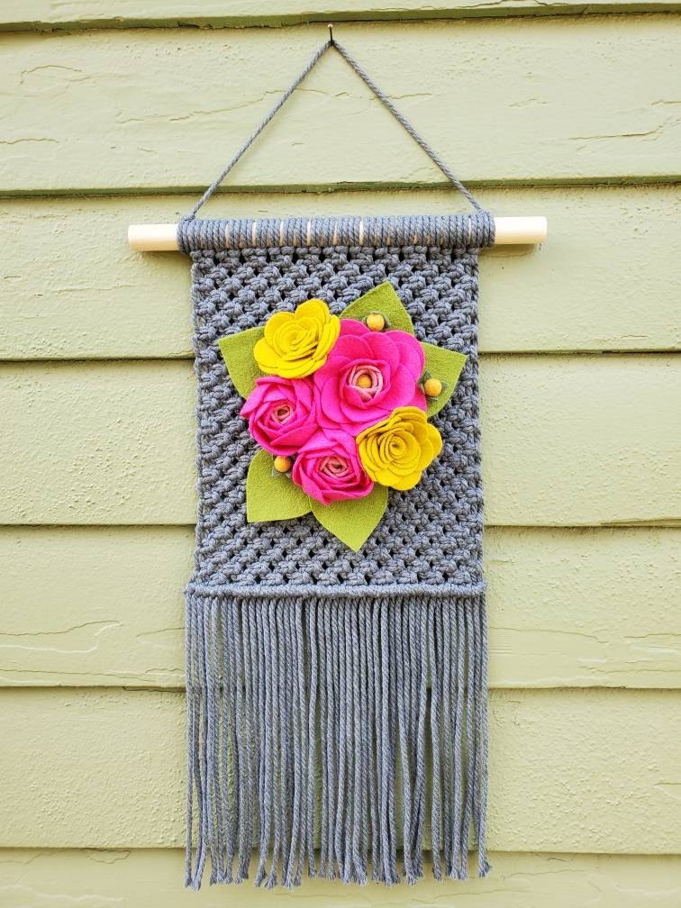Fiber Arts Felt Flowers Floral Macrame Boho Baby Fushia and Mustard ...