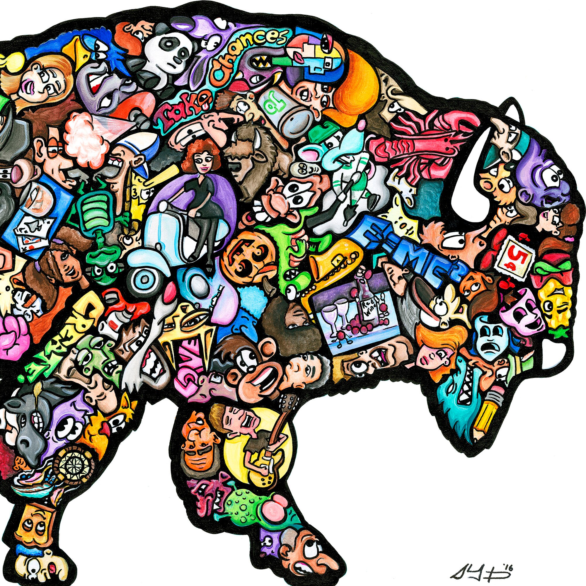 Intricate Bison Acrylic Painting, Cartoon Doodle Graffiti Style, Pop ...