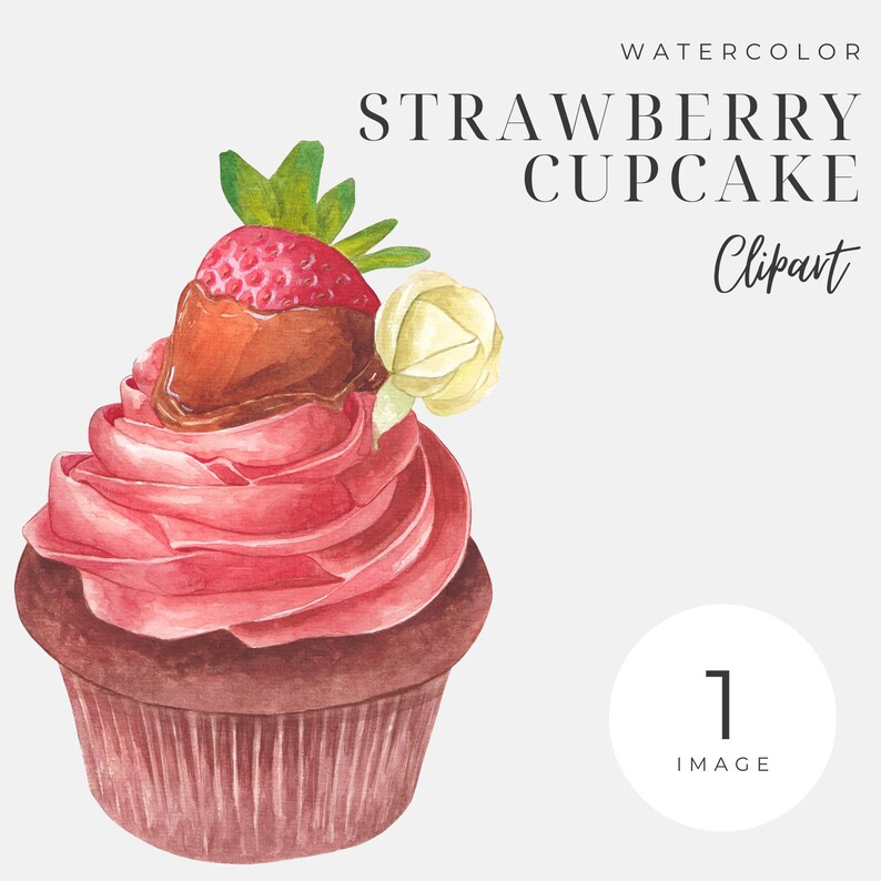 Strawberry Cupcake Clipart | SINGLE IMAGE | Hand Painted Watercolor ...