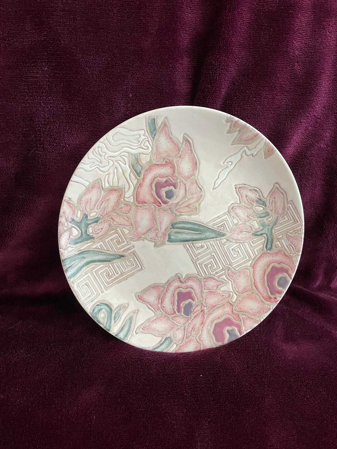Vintage TOYO Decorative Plate Hand Painted Raised Flower Macau Pink ...
