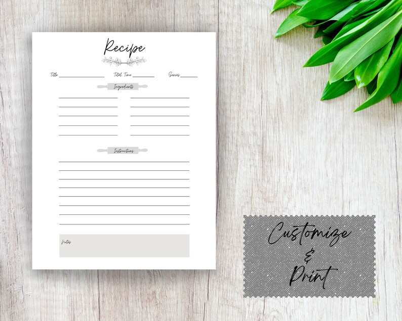 Farmhouse Minimalist Printable Recipe Card Downloadable and Editable 8 ...