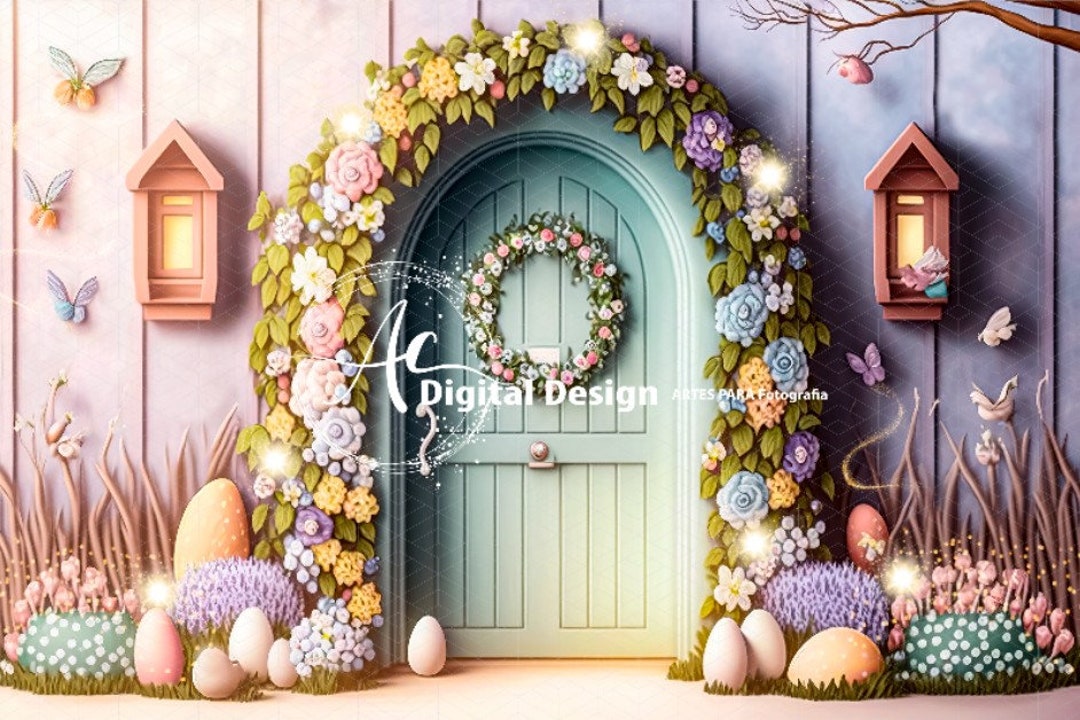 Digital Backdrops Tree Door Pink and Green EASTER Floral Eggs ...