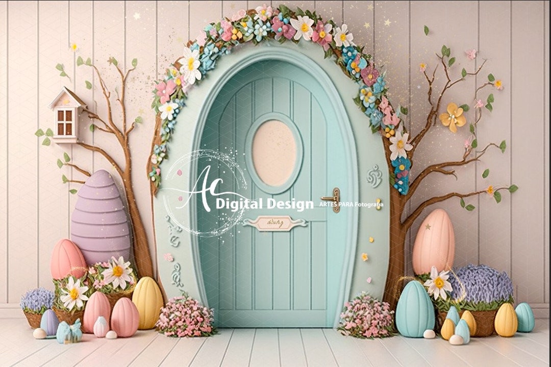 Digital Backdrops Tree Door Pink and Green EASTER Floral Eggs ...