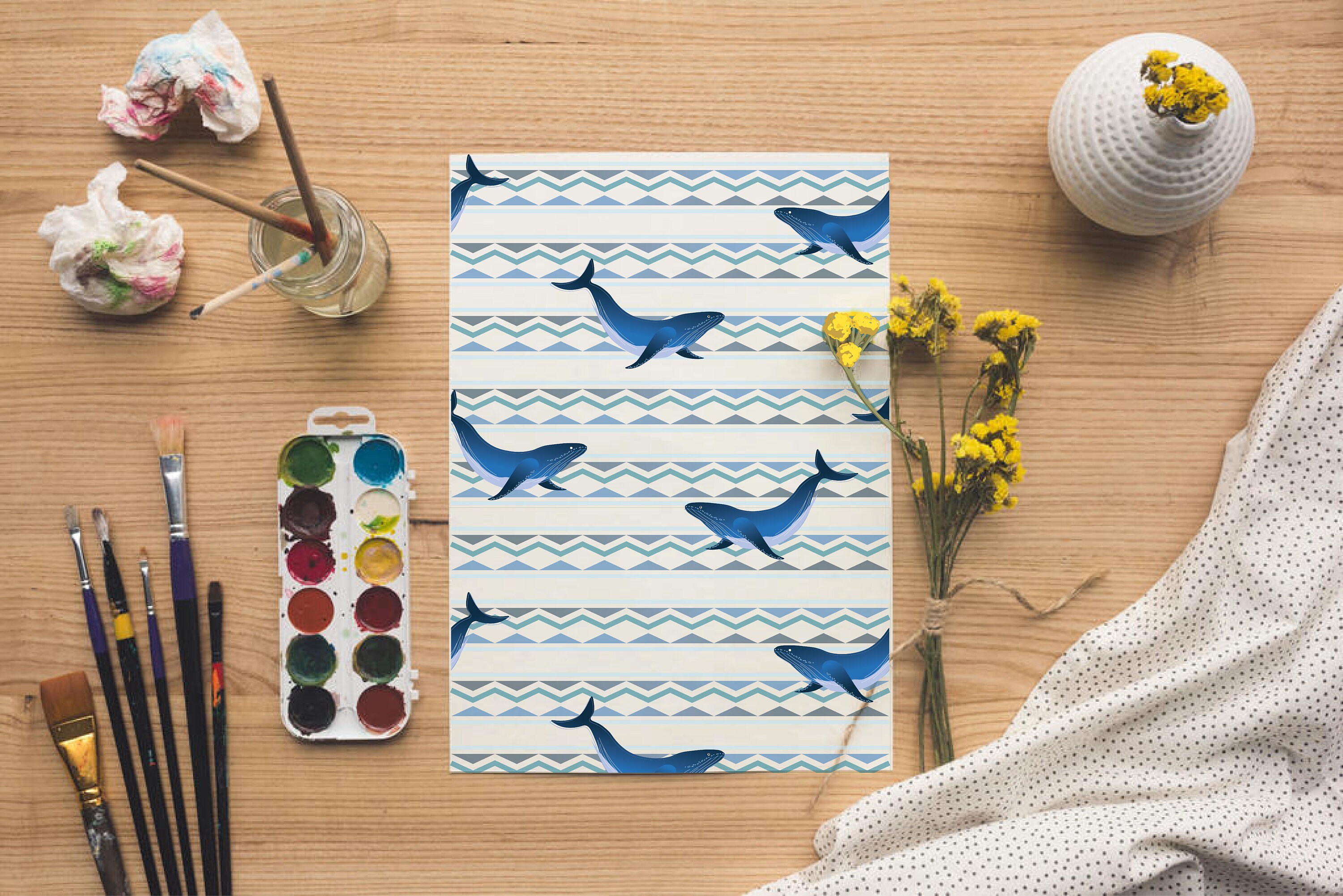 Marine Digital Paper With Marine Animals, Seamless Pattern, Whale Large ...