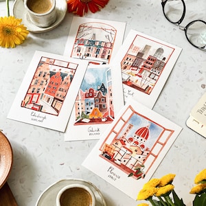 Hand-painted City Postcard Set: New York, Gdansk, Montreal, Florence ...