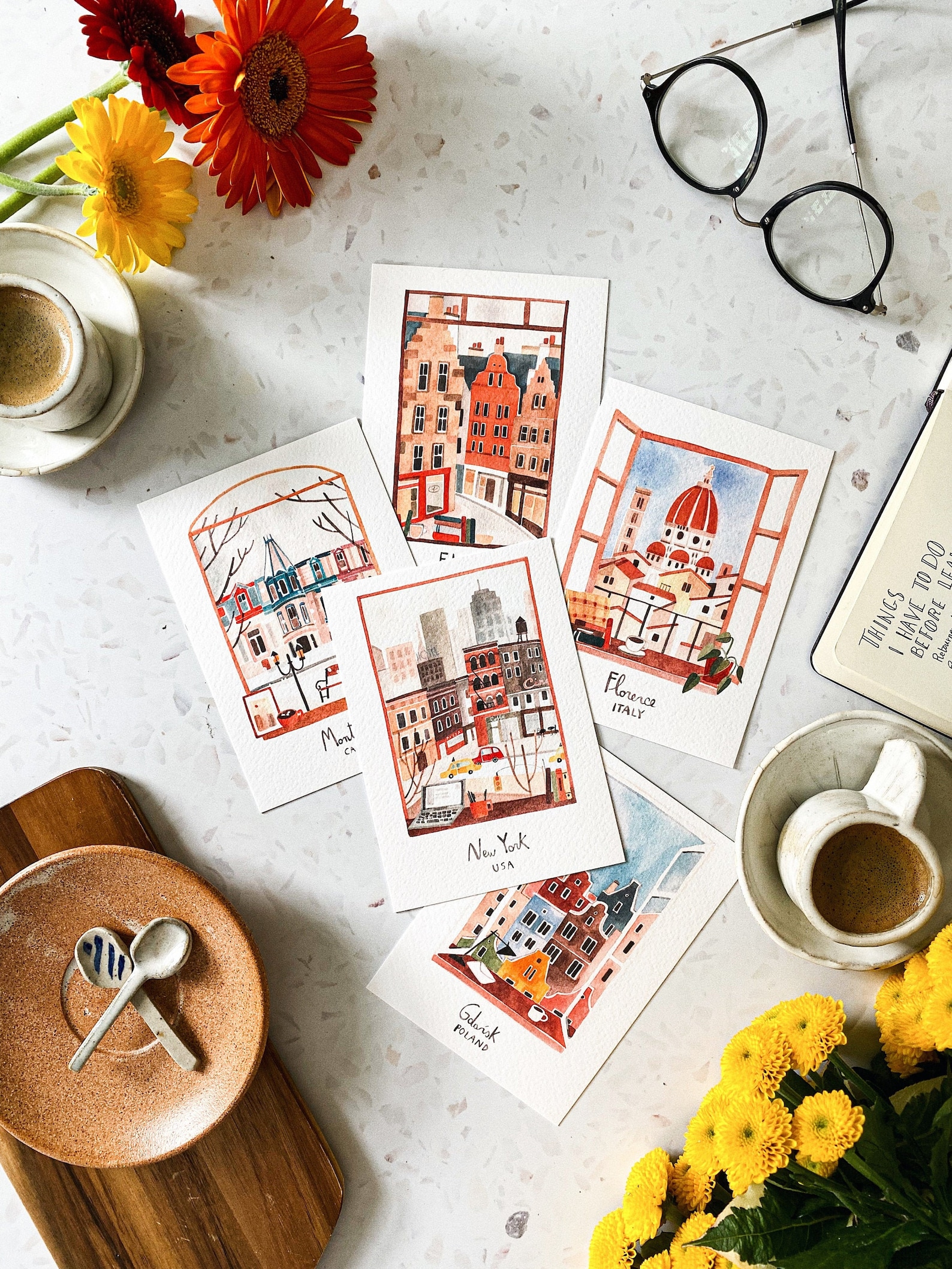 Hand-painted City Postcard Set: New York, Gdansk, Montreal, Florence ...