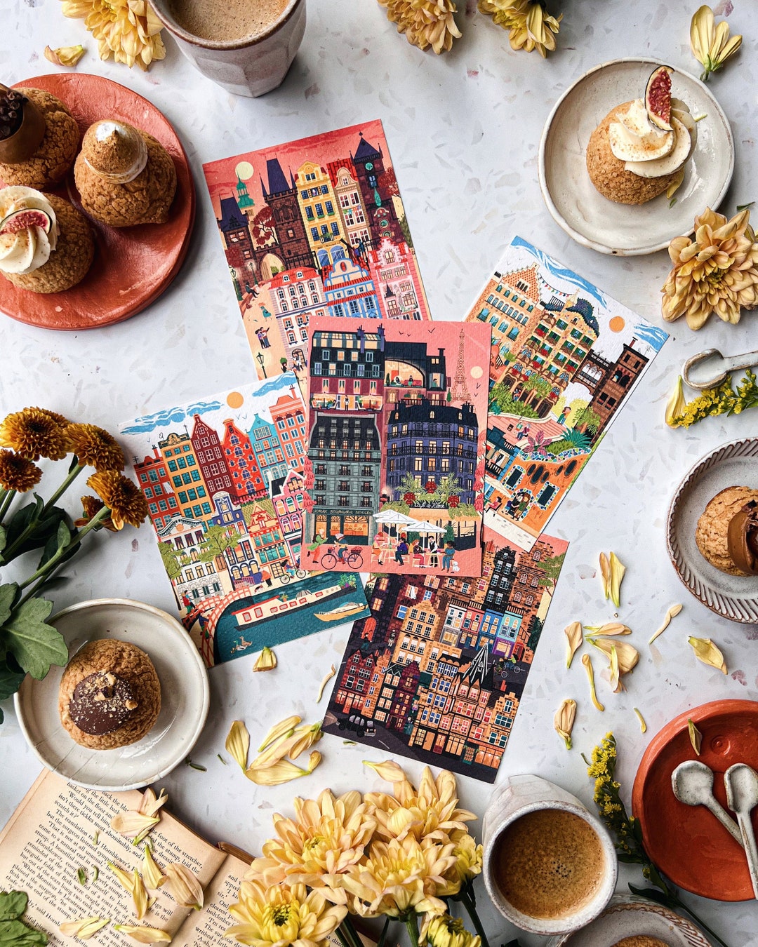 Set of 5 Retro Cities Postcards Europe/ Paris Postcard / Amsterdam Postcard / Barcelona Postcard ...