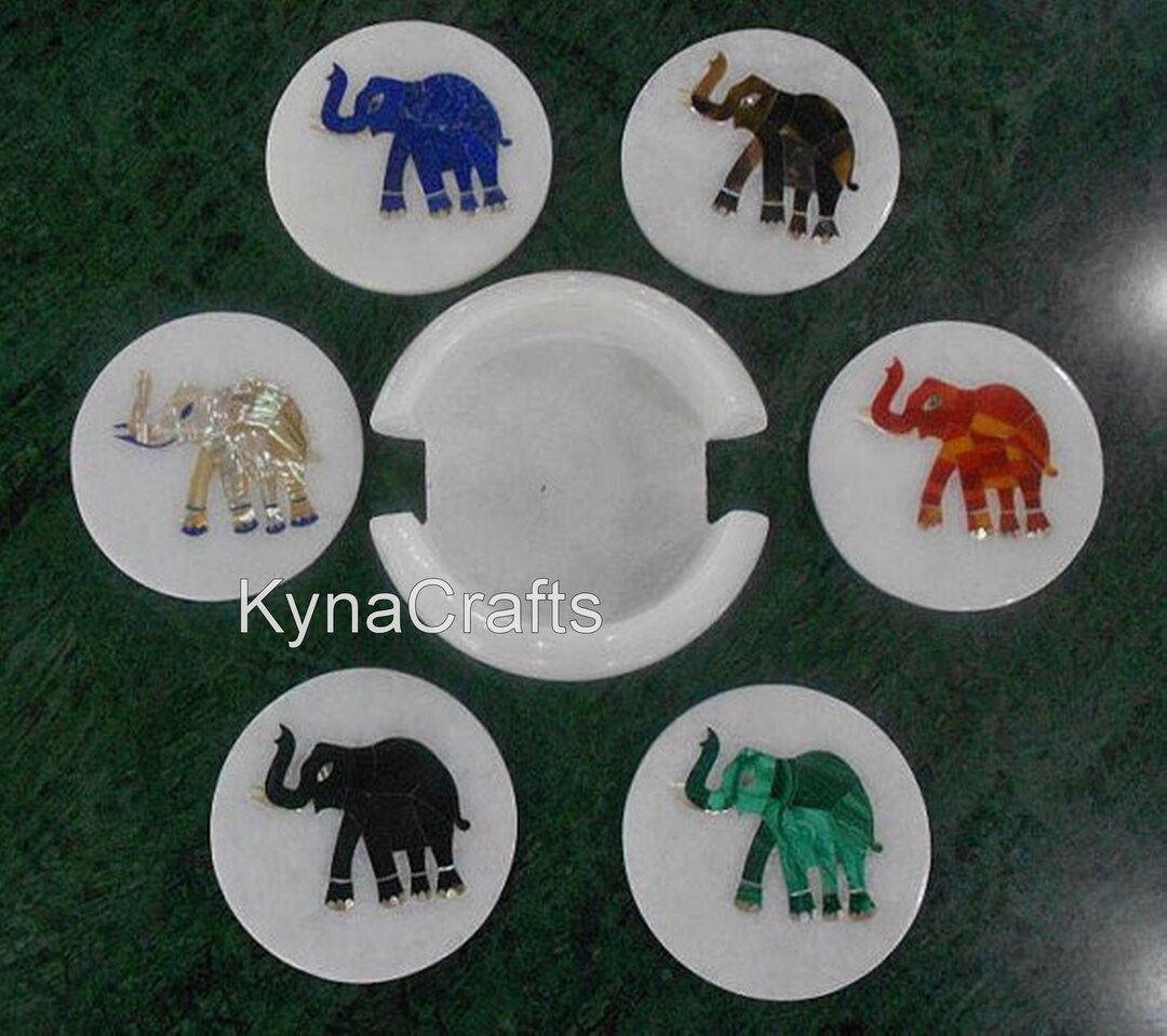 4.5 Inches Elephant Design Inlay Work Champagne Coaster Set - Etsy