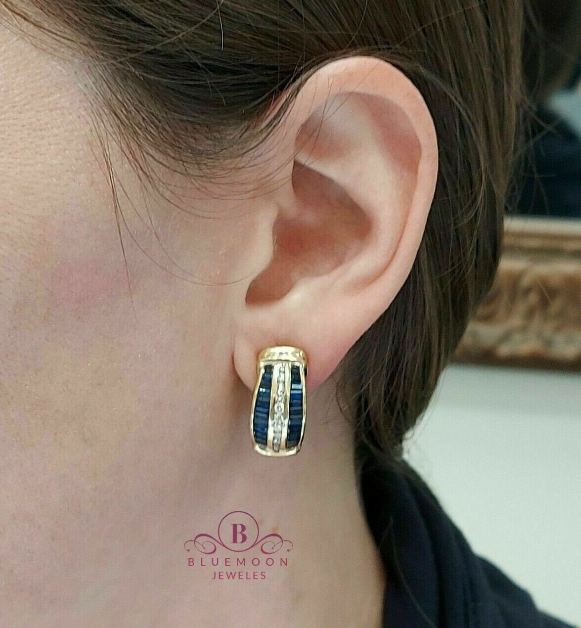 14K Solid Yellow Gold Baguette Cut Sapphire & Round CZ Diamond Pretty ...